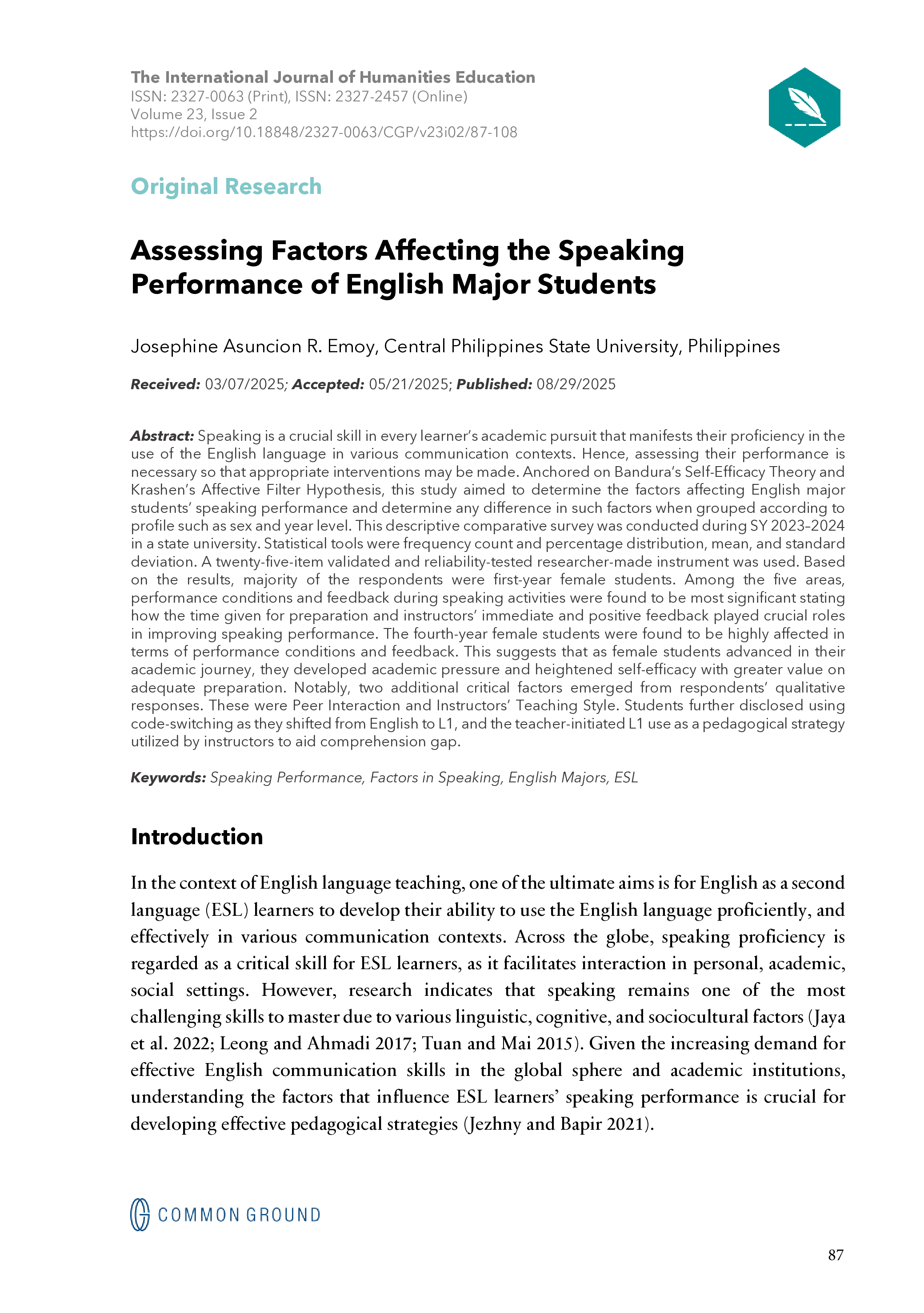 Assessing Factors Affecting the Speaking Performance of English Major ...