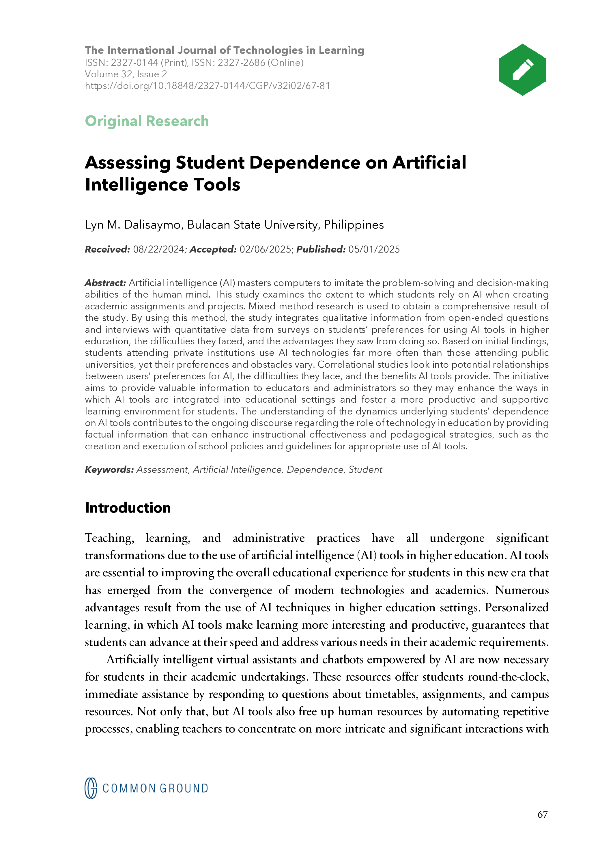 Assessing Student Dependence on Artificial Intelligence Tools - Article ...