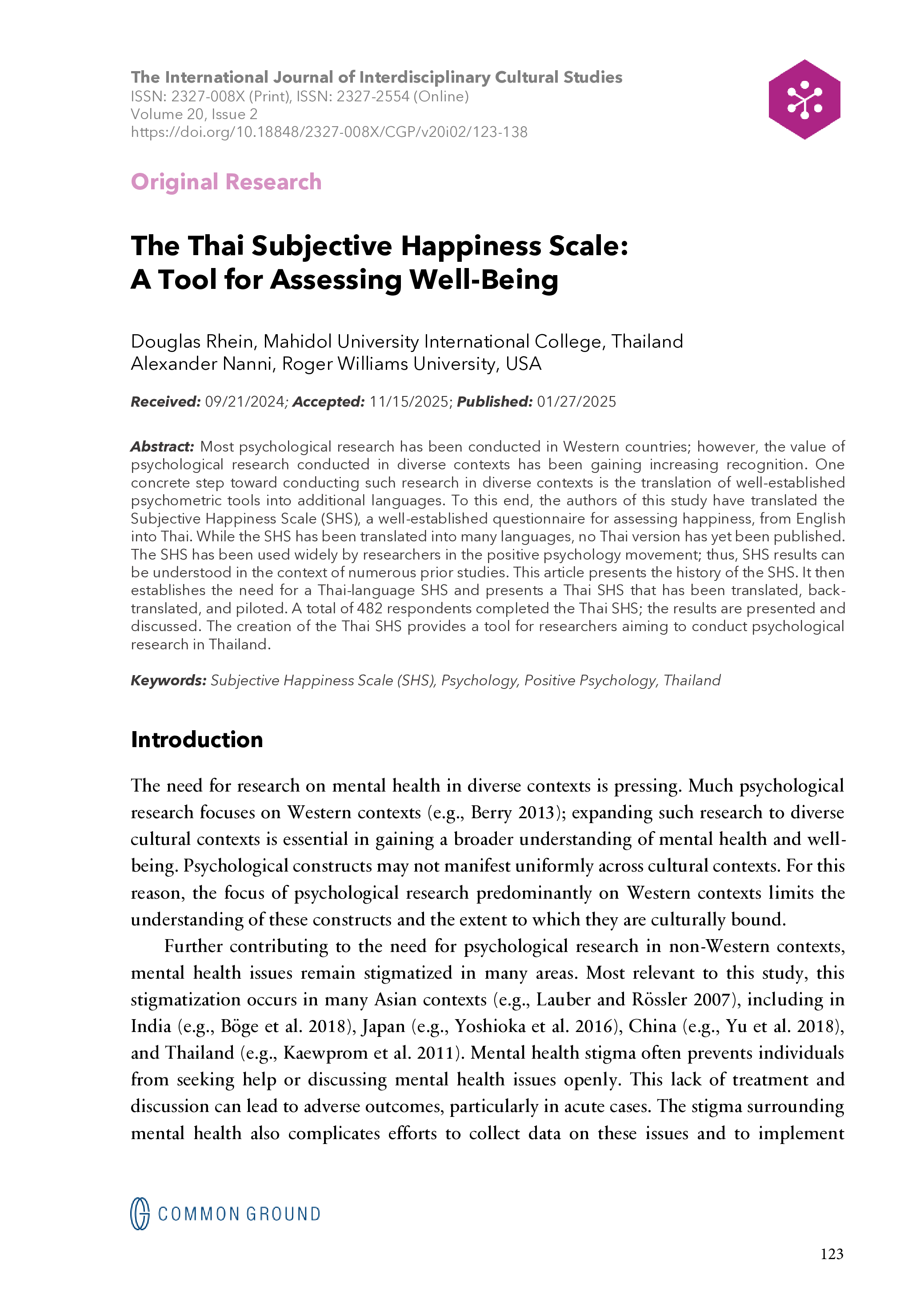The Thai Subjective Happiness Scale - Article - CGScholar